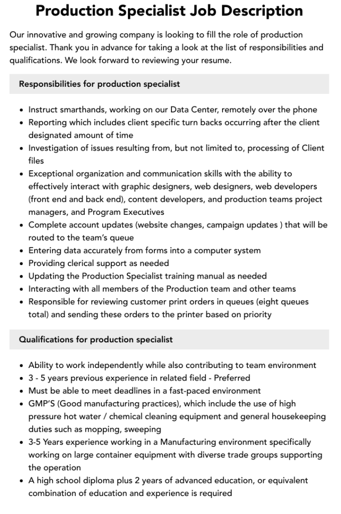 The Production Specialist: A Comprehensive Guide to Job Description and ...